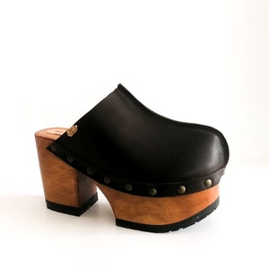 Dark Brown Leather Clogs 70's Style, Leather Clogs With Heel and ...