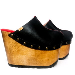 Wood Clogs, Wedge Wood Clogs, BLACK Leather Wedge Mules Closed ...