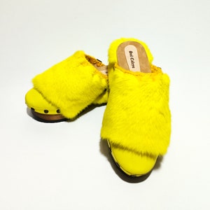 Yellow Leather Clogs With Natural Rabbit Fur - A Touch of Luxury for ...