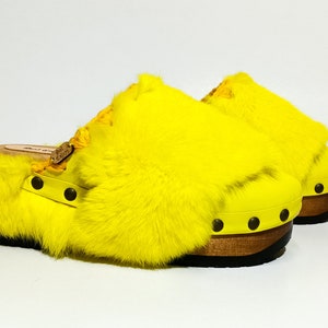 Yellow Leather Clogs With Natural Rabbit Fur - A Touch of Luxury for ...