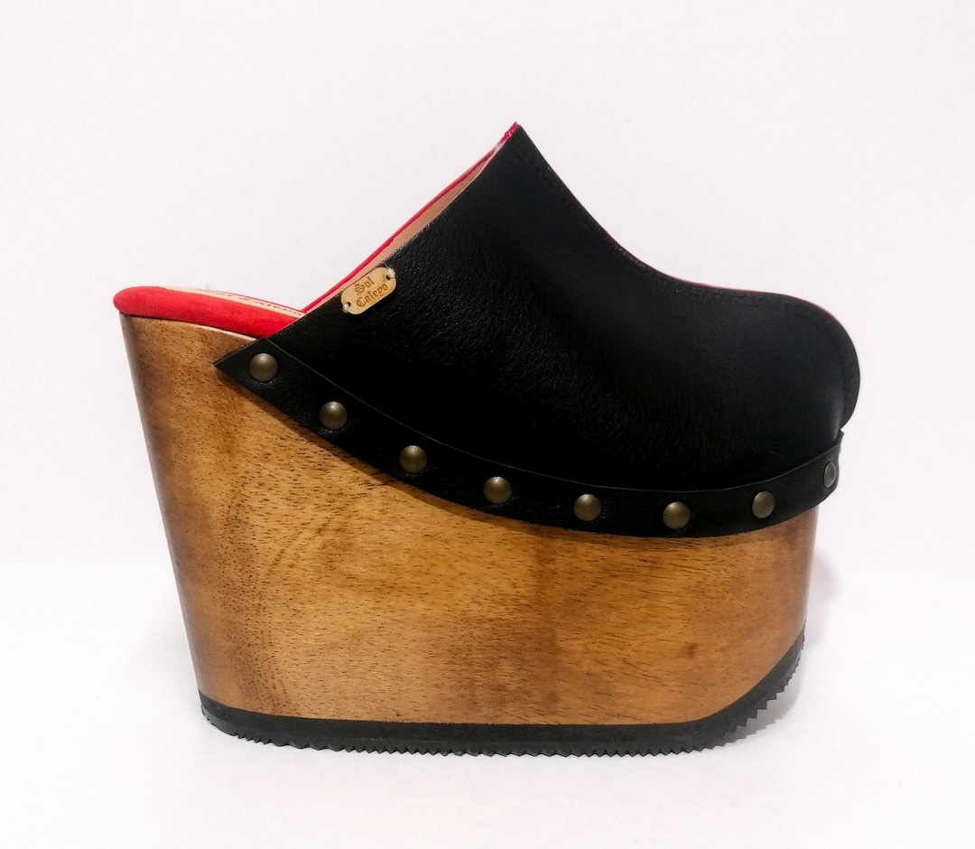 Wood Clogs, Wedge Wood Clogs, BLACK Leather Wedge Mules Closed ...