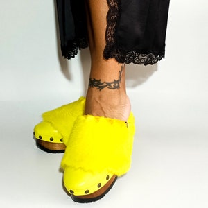 Yellow Leather Clogs With Natural Rabbit Fur - A Touch of Luxury for ...