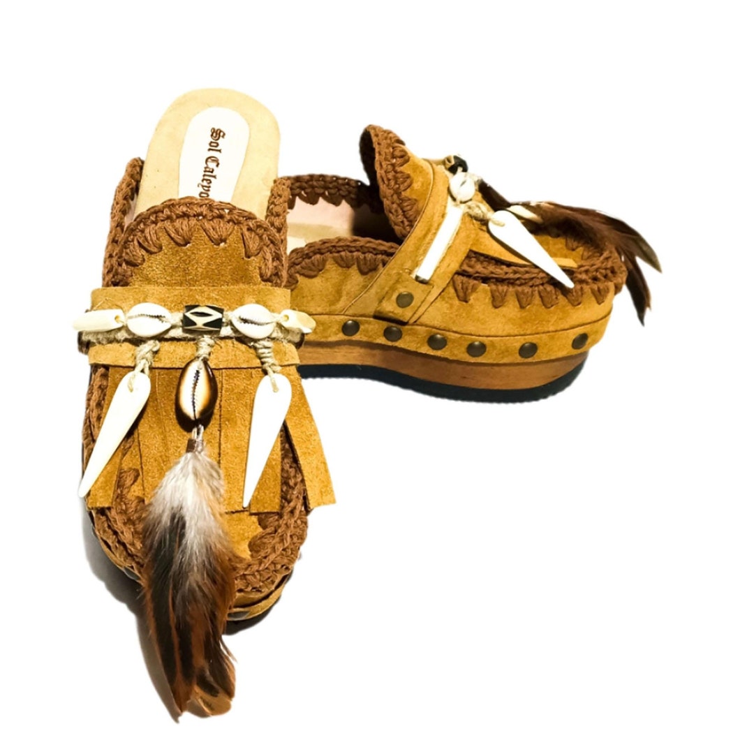 Moccasin Style Wooden Wedge Clogs, Decorated With Feathers, Bangs and ...