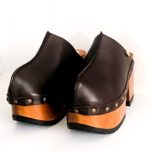 Dark Brown Leather Clogs 70's Style, Leather Clogs With Heel and ...