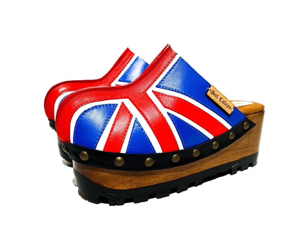 Wooden Wedge Leather Clogs, English Flag Leather Clogs, Wooden Wedge ...