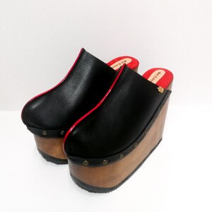 Wood Clogs, Wedge Wood Clogs, BLACK Leather Wedge Mules Closed ...