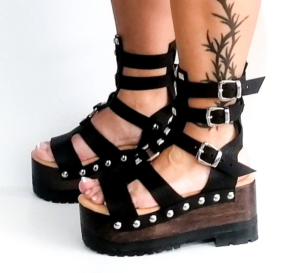 Wooden Wedge Strappy Clog Sandals, Black Strappy Sandals With Silver ...