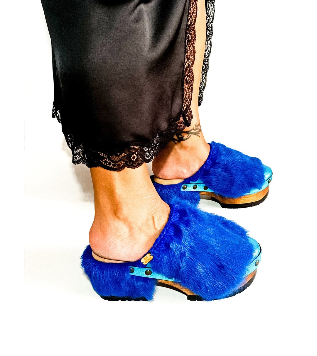 Blue Leather Clogs With Natural Rabbit Fur - A Touch of Luxury for Your ...