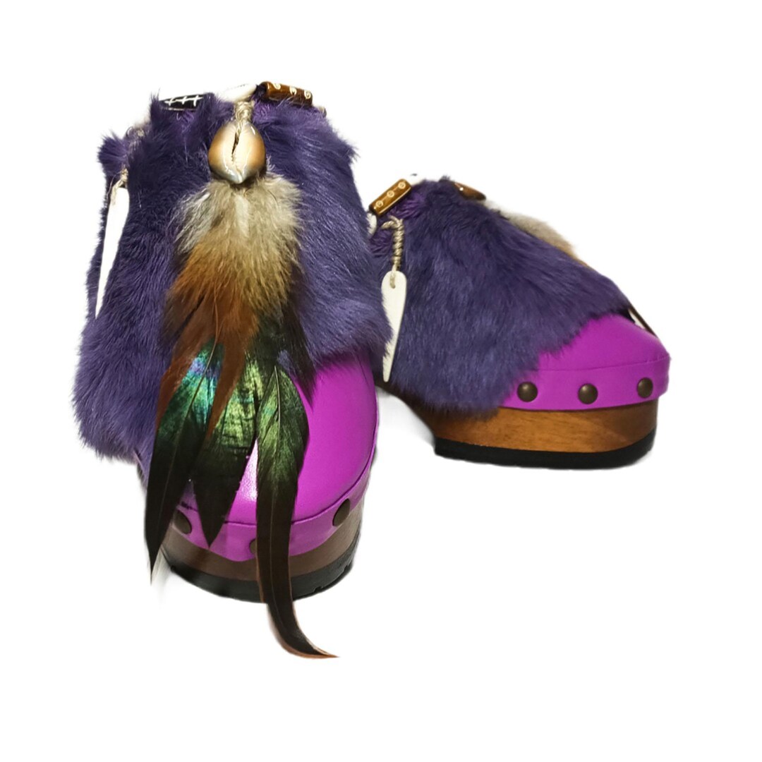 Lilac Leather Clogs With Fur, Decorated With Feathers and Natural ...