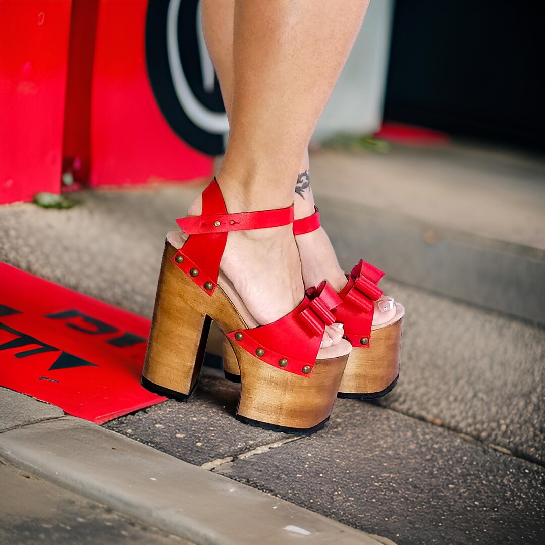 Red Leather Super High Heel Sandals, 70's Vintage Style Platform ...