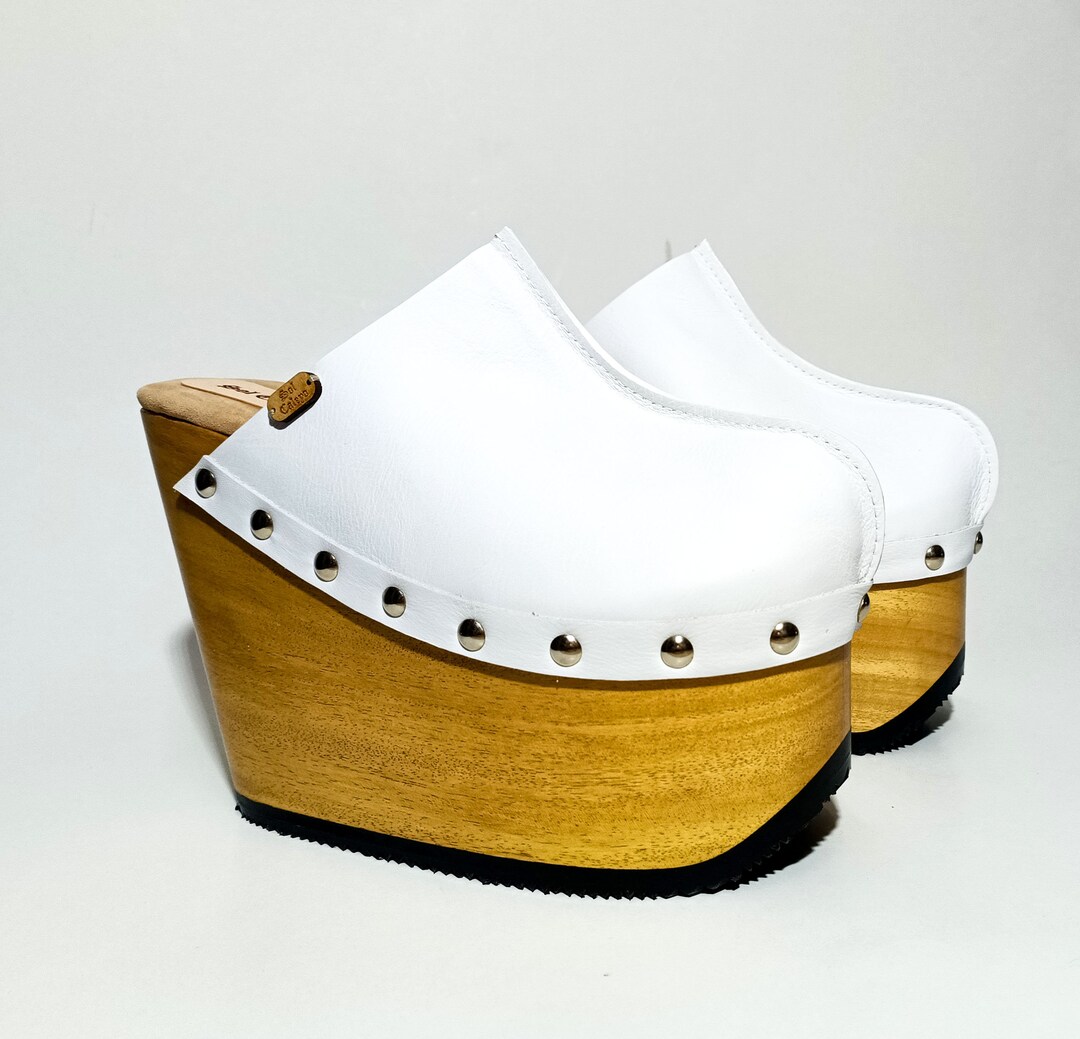 Vintage Style White Leather Clogs With Super High Wedge Heel: Elevate ...