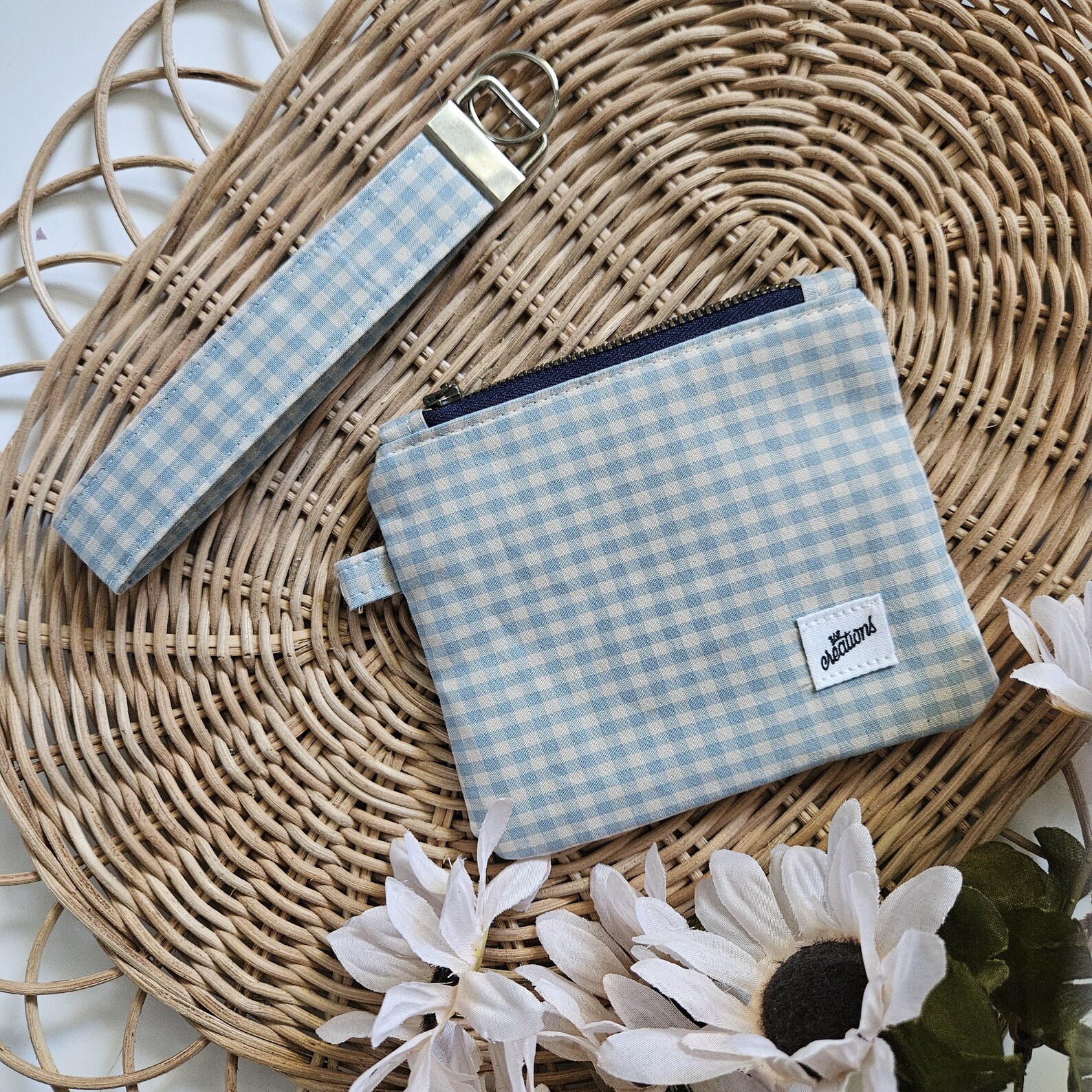 Gingham Wristlet Keychain, Black and Light Blue Key Fob - Etsy