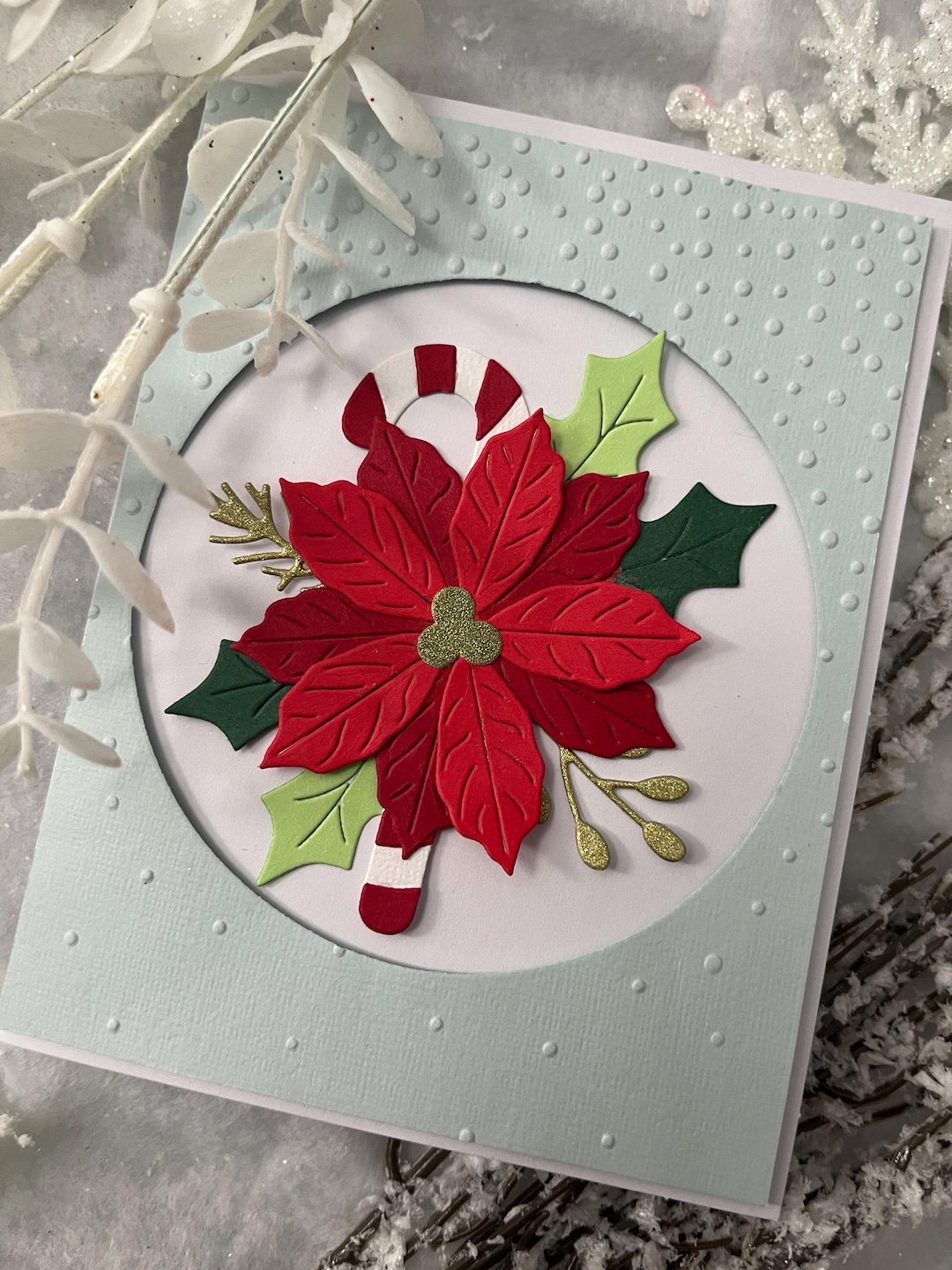Candy Cane/red Poinsettias Christmas Cards Set of 8 Light Blue Textured ...