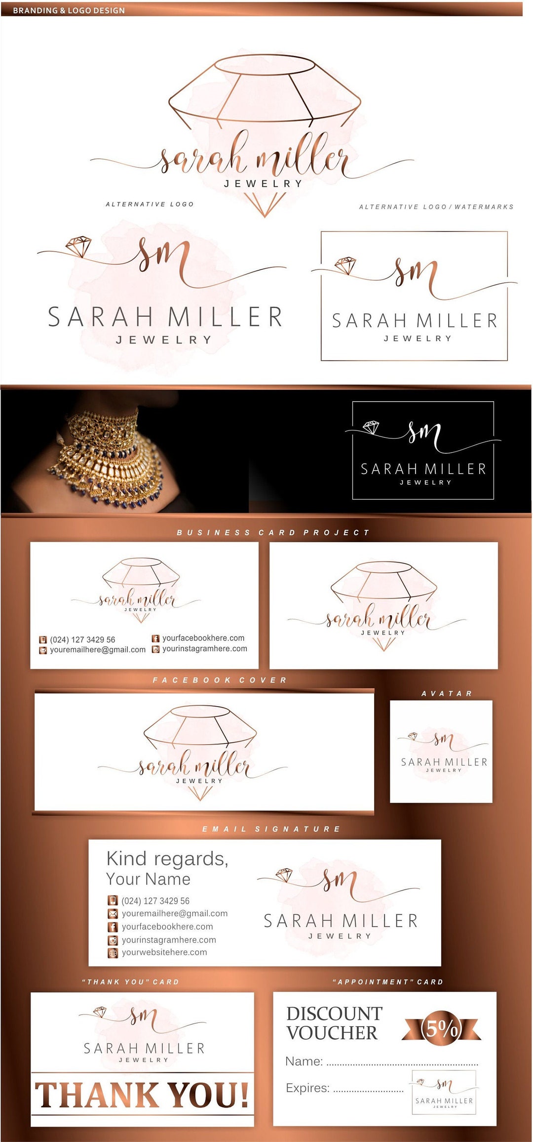 Jewelry Logo Design, Diamond Premade Logo Package, Rose Gold Geometric ...