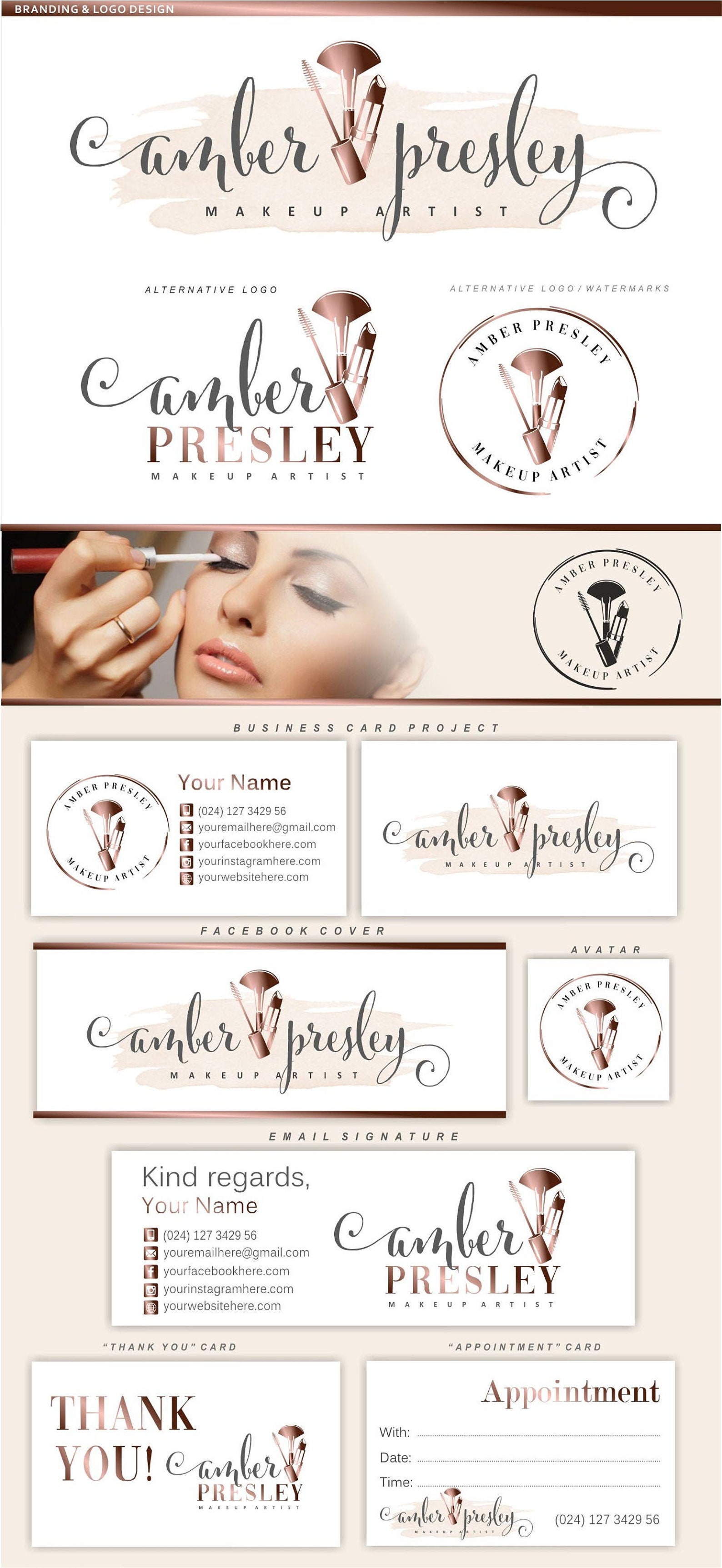 Makeup Logo Design Beauty Artist lipstick branding kit Rose | Etsy