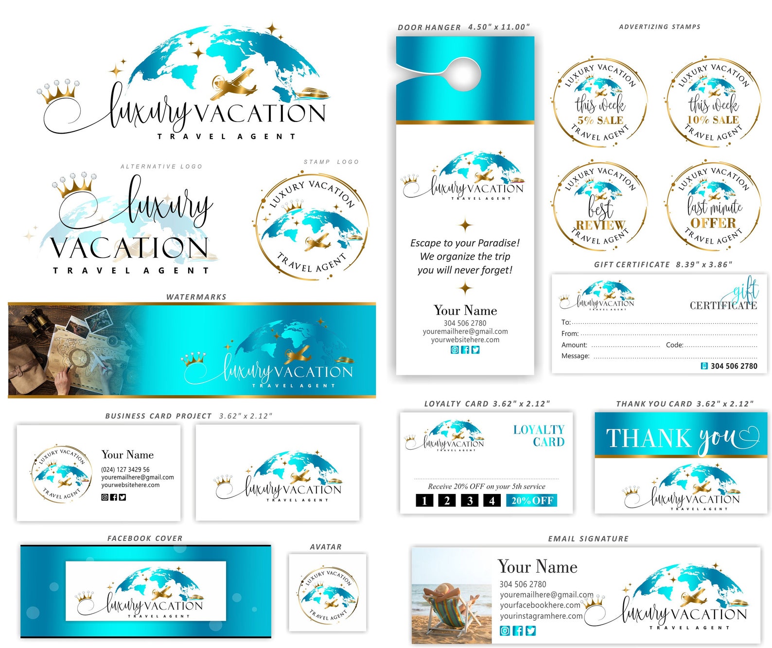 Travel Agent Logo Design, Vacation Branding Kit, World Map, Globe ...