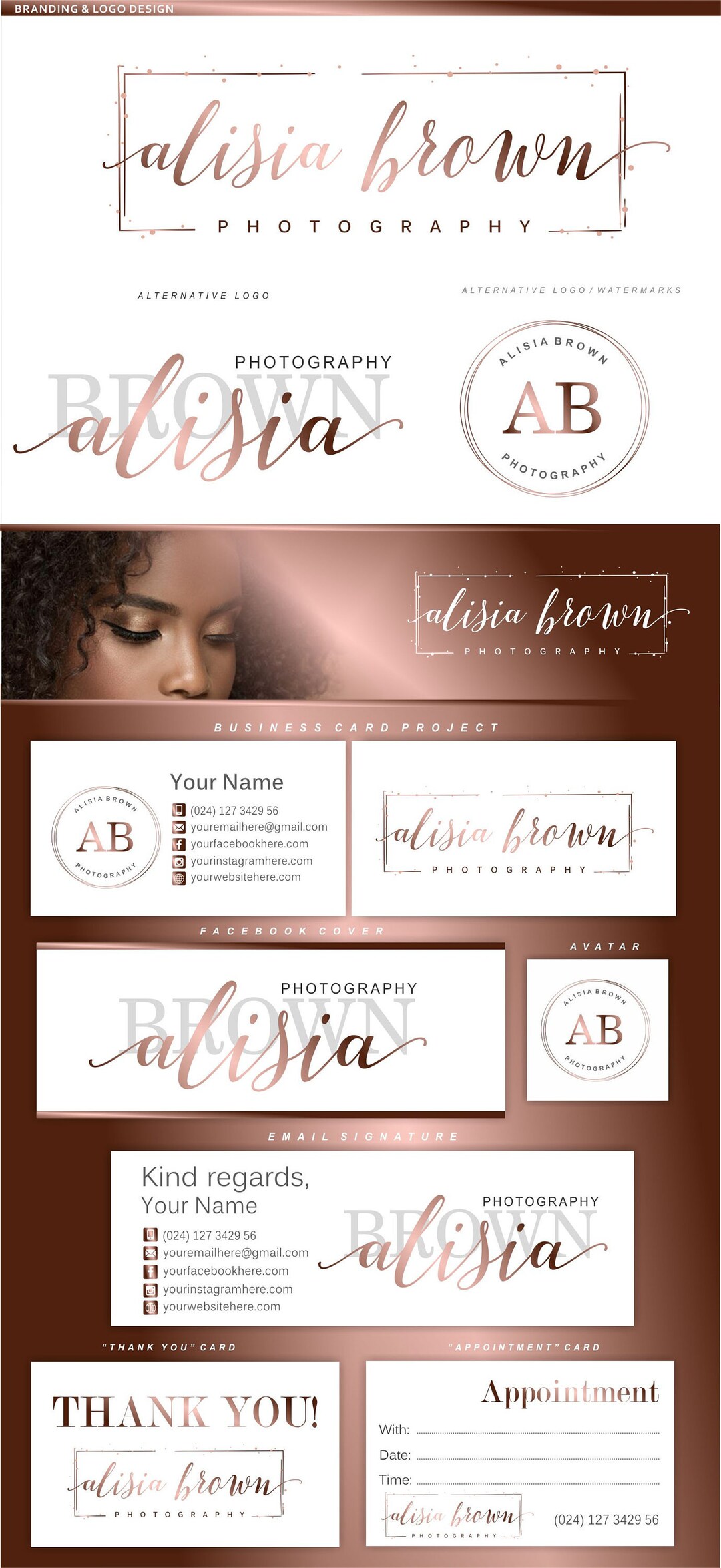 Rose Gold Design, Branding Package, Photography Logo Package, Premade ...