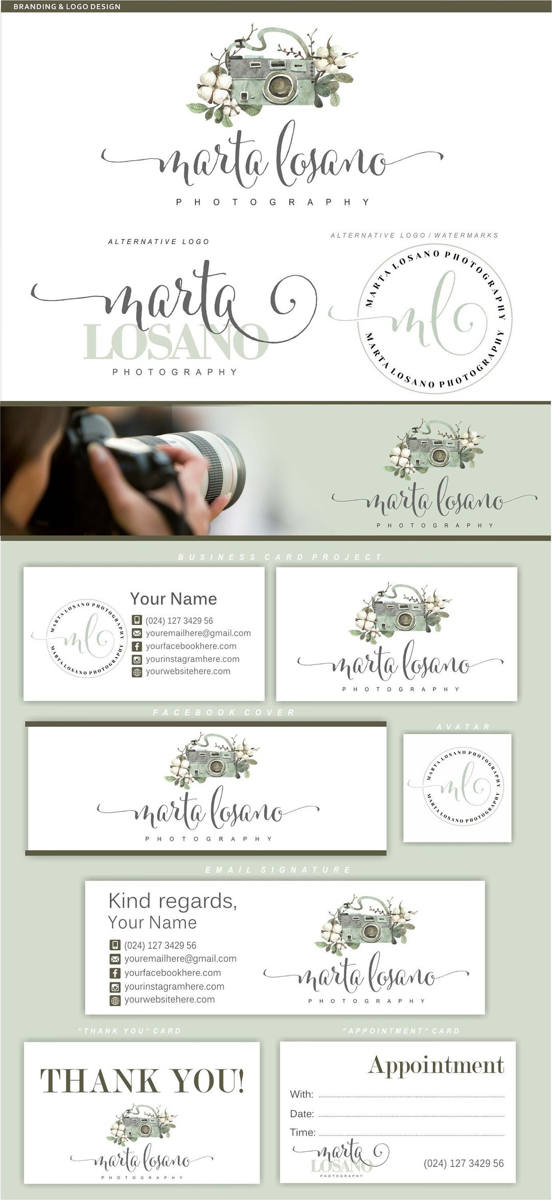 Logo Package Photography, Camera Branding Package, Boho Flowers, Cotton ...