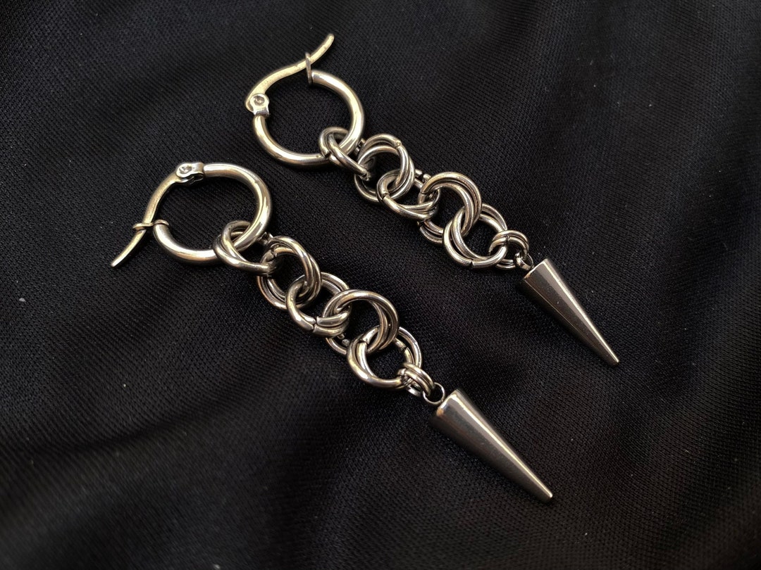 Silver Chainmail Spike Stainless Steel Hoop Earrings Hoop Earrings ...