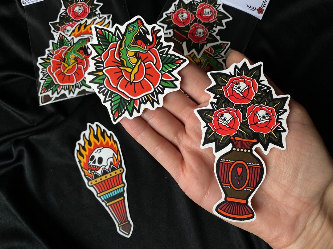 Traditional Tattoo Sticker Pack Flash Tattoo Ink Rose Sticker Skull ...
