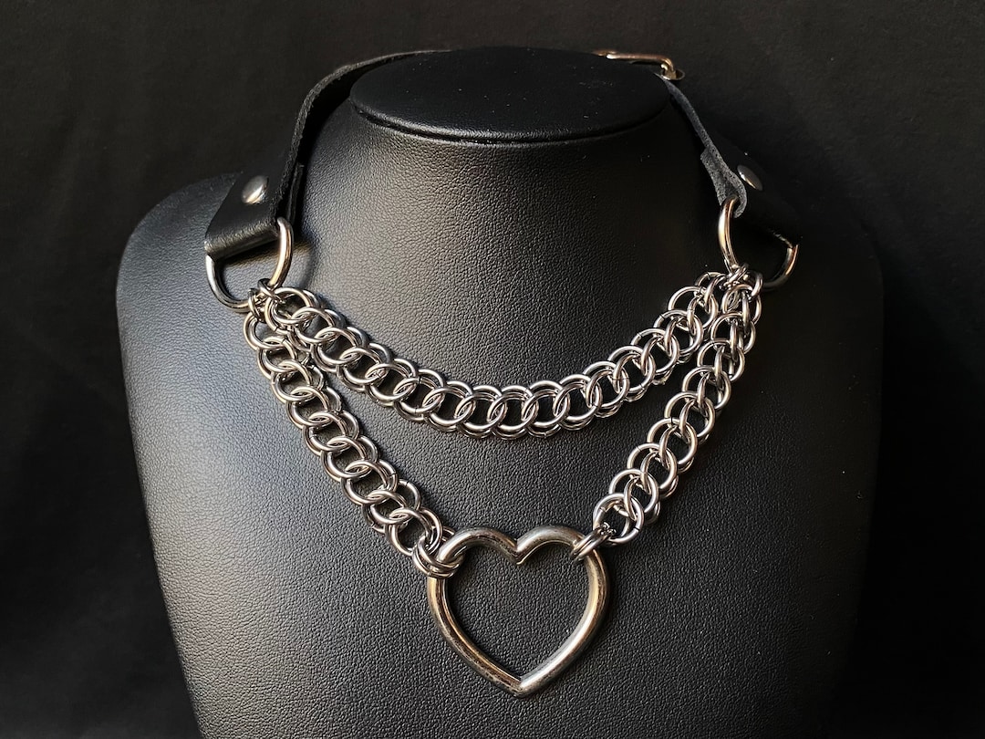 Heart PU Chainmaille Choker | Stainless Steel Chainmail | Heart Ring ...