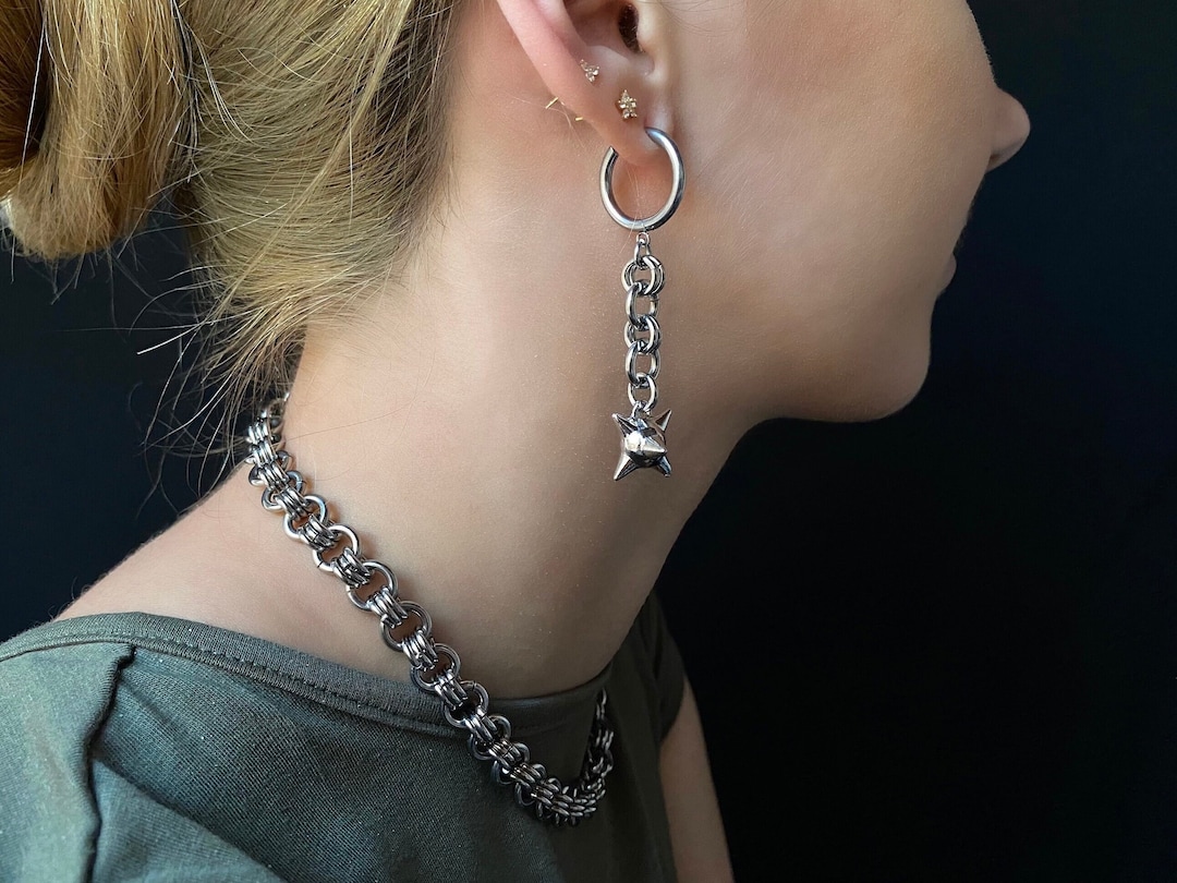 Silver Chainmail Spike Balls Stainless Steel Earrings | Hoop Earrings ...