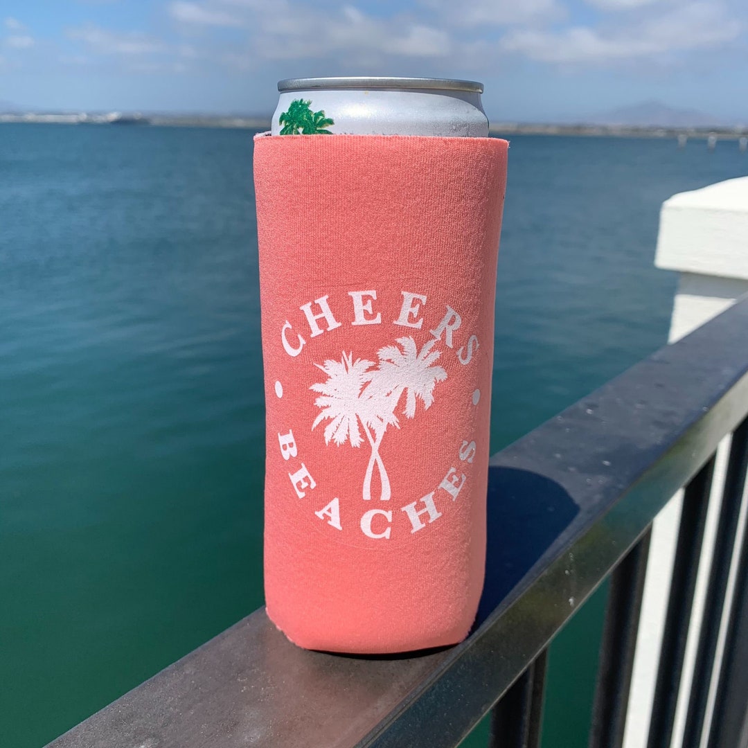 Cheers Beaches Wedding Palm Tree Slim Can Cozie Beach Can Cooler ...