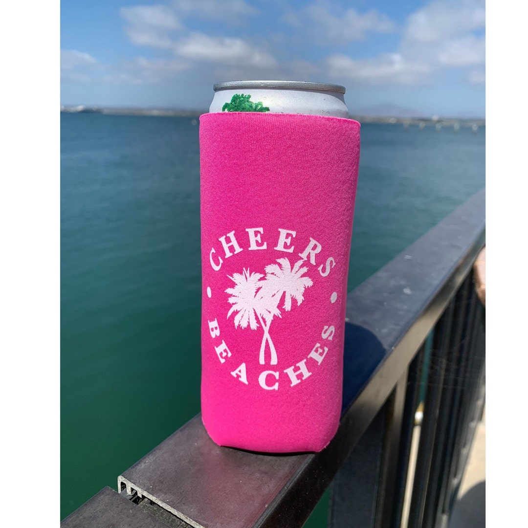 Cheers Beaches Wedding Palm Tree Slim Can Cozie Beach Can Cooler ...