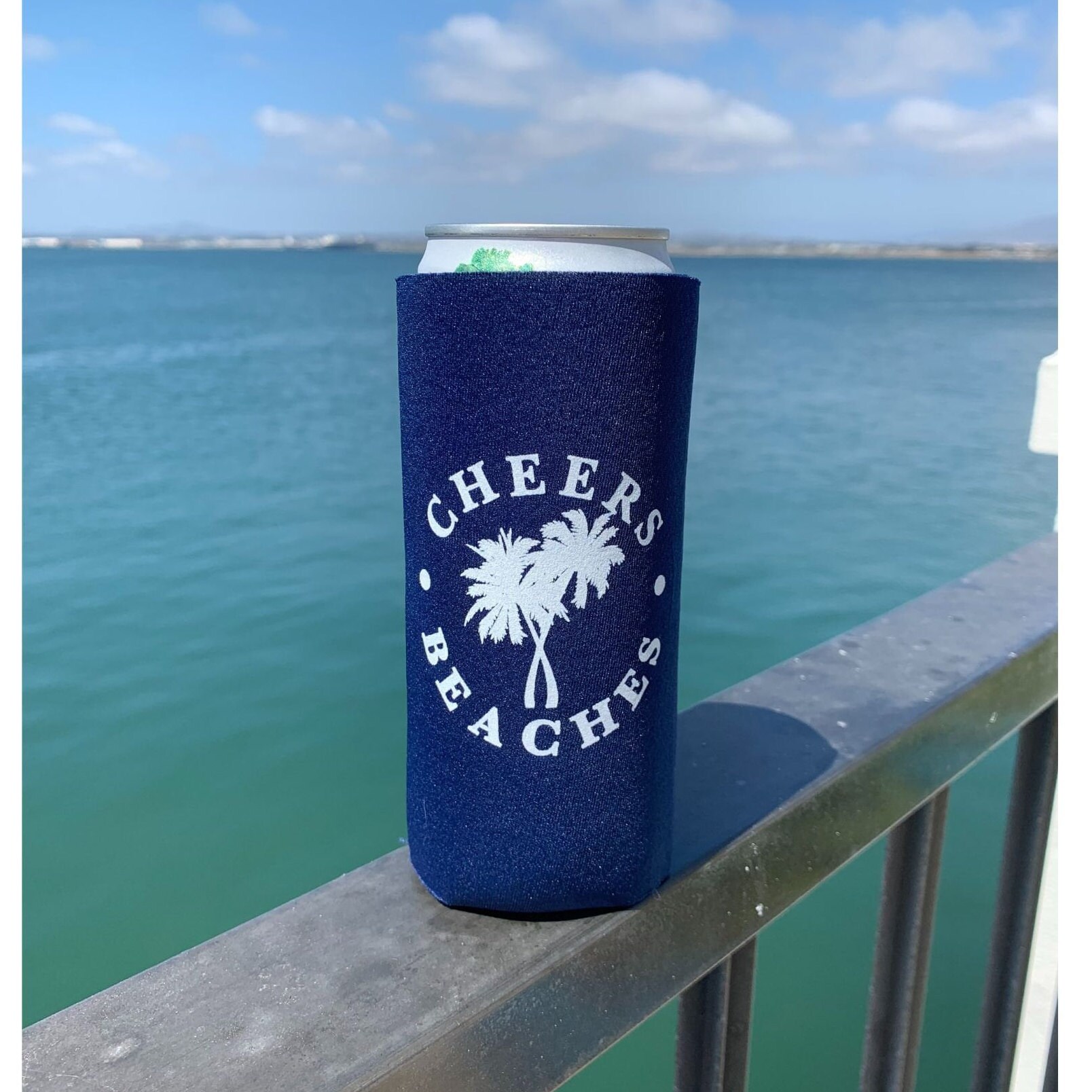 Cheers Beaches Wedding Palm Tree Slim Can Cozie Beach Can Cooler ...