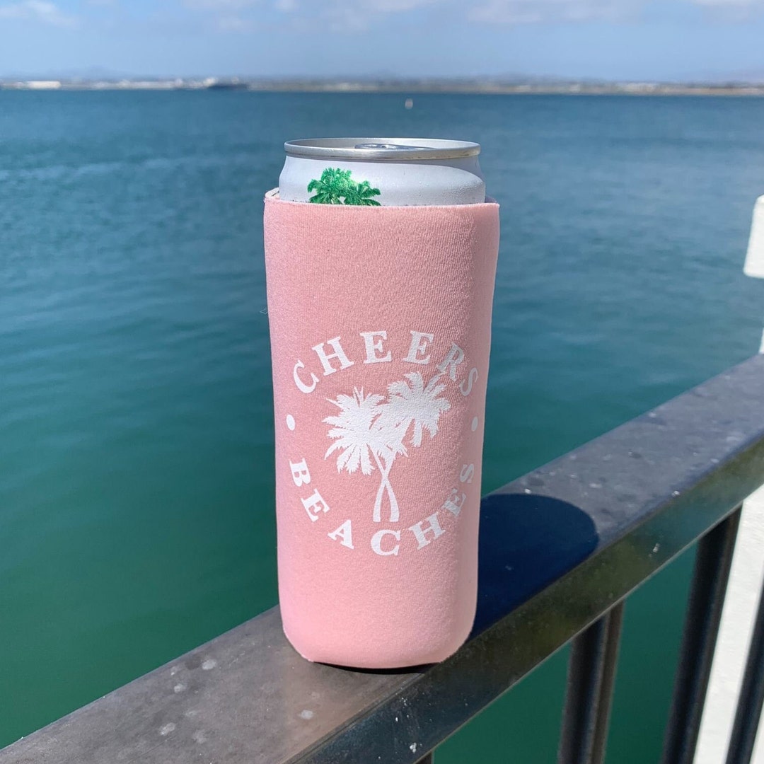 Cheers Beaches Wedding Palm Tree Slim Can Cozie Beach Can Cooler ...