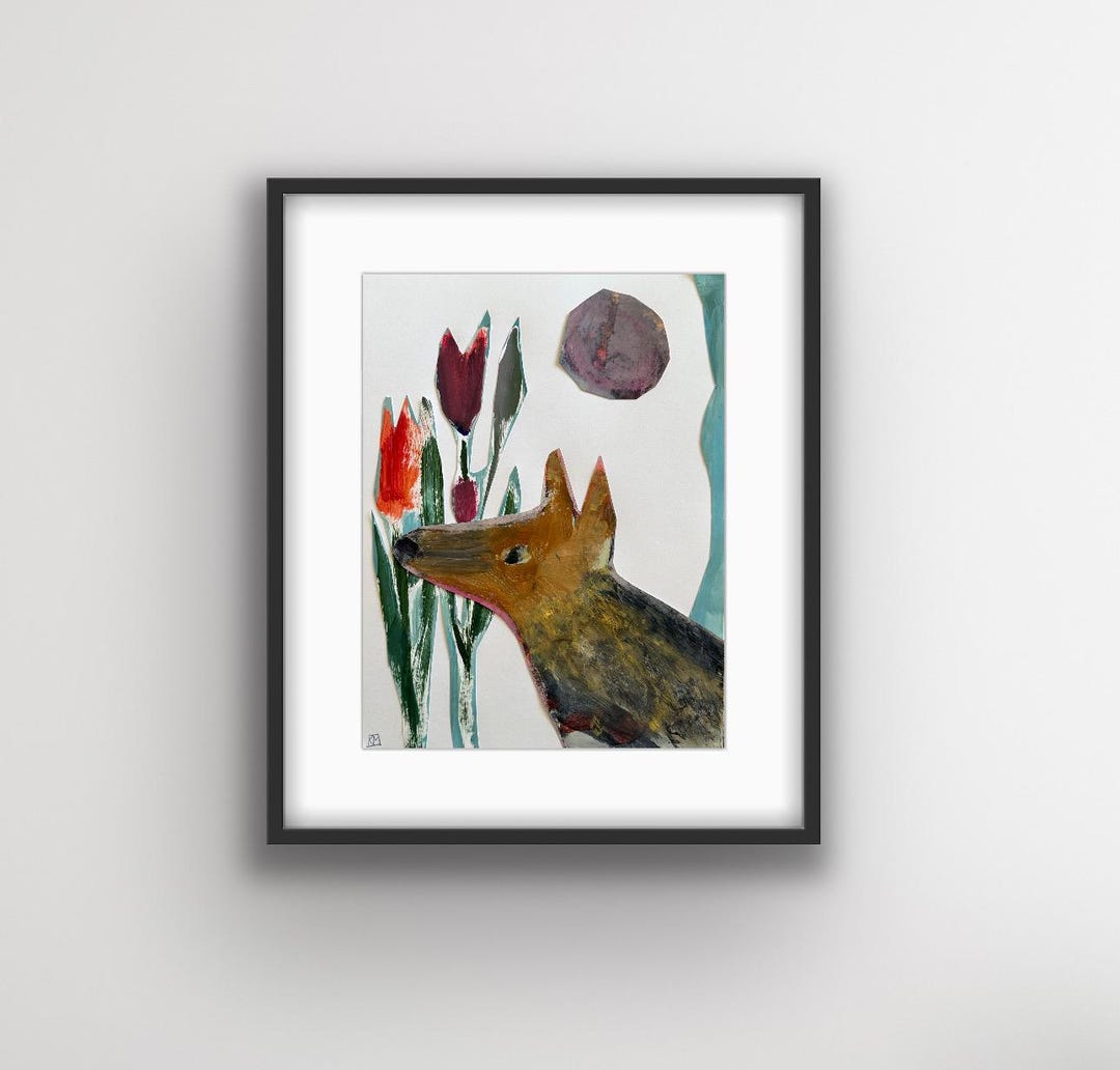 Fox Collage 9x12 Cut Paper Collage Original Animal Tulips Floral ...