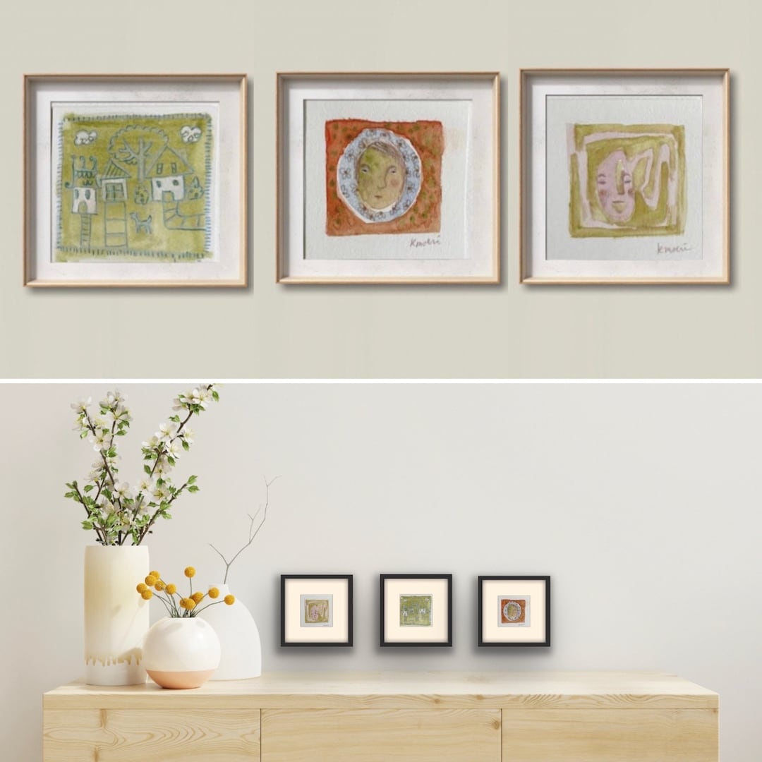 Whimsical Set of Three 3x3 Original Watercolor Gouache Drawing Nursery ...