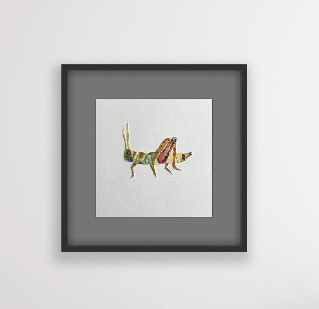 Grasshopper Cut Paper Collage 8x8 Original Watercolor Cut Paper Insect ...