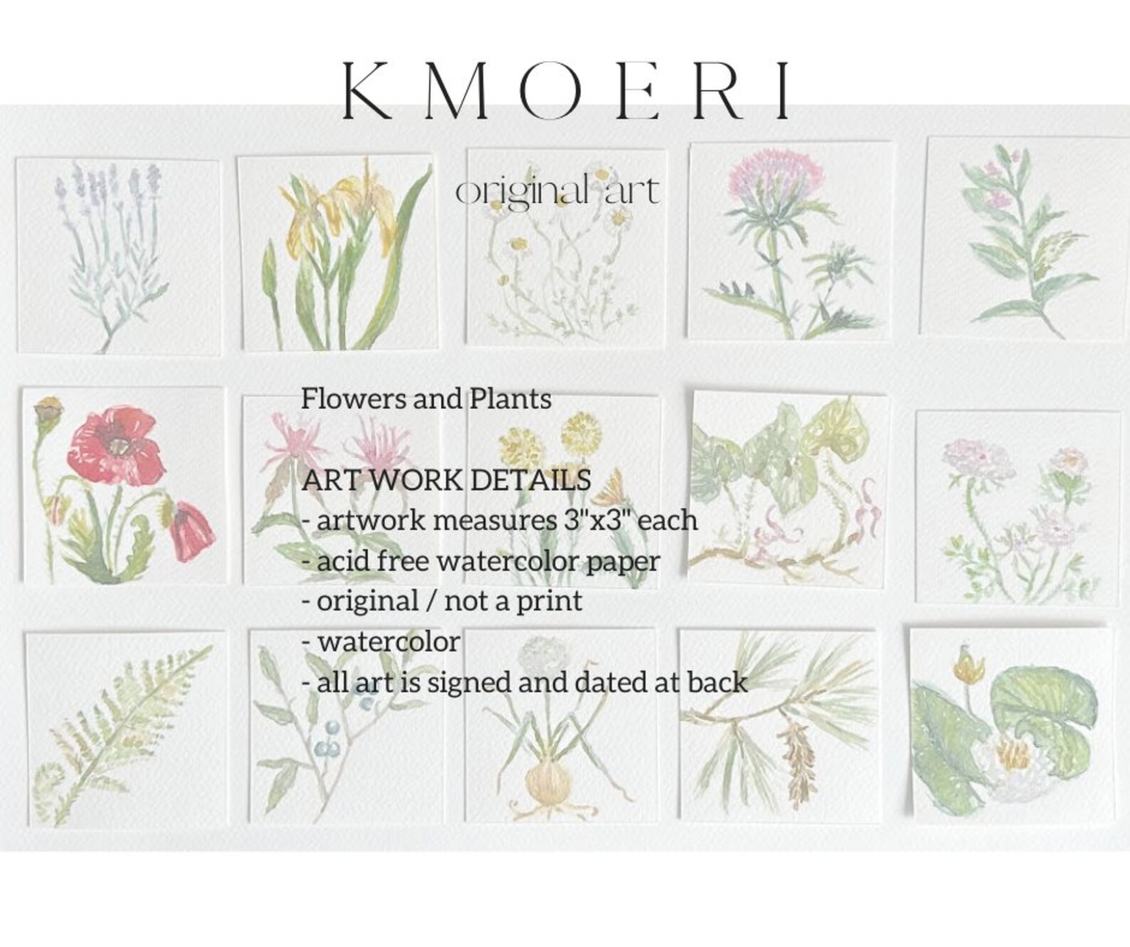 Flowers and Plants 3x3 Original Hand Painted Watercolor - Etsy