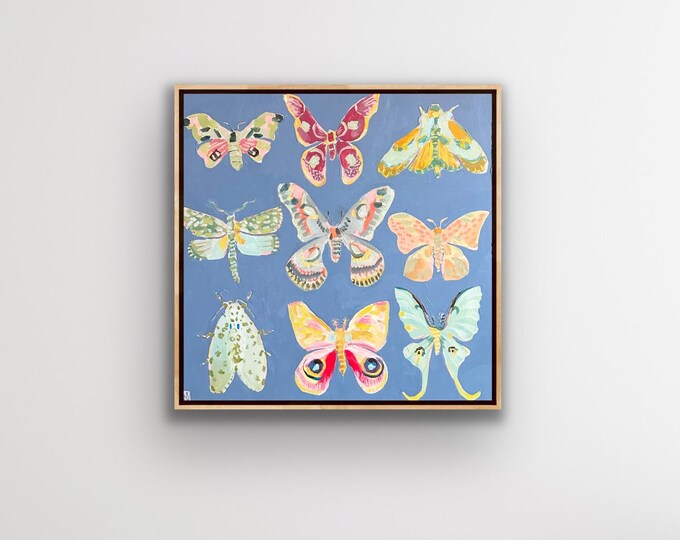 Moths 20x20 Original Artwork Hand Painted Insect Bugs Blue Canvas Pink ...