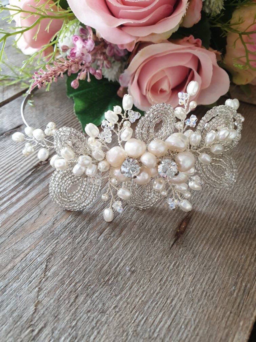 Whimsical Side Tiara, Bridal Floral Tiara, Pearl Bridal Tiara, Wedding ...