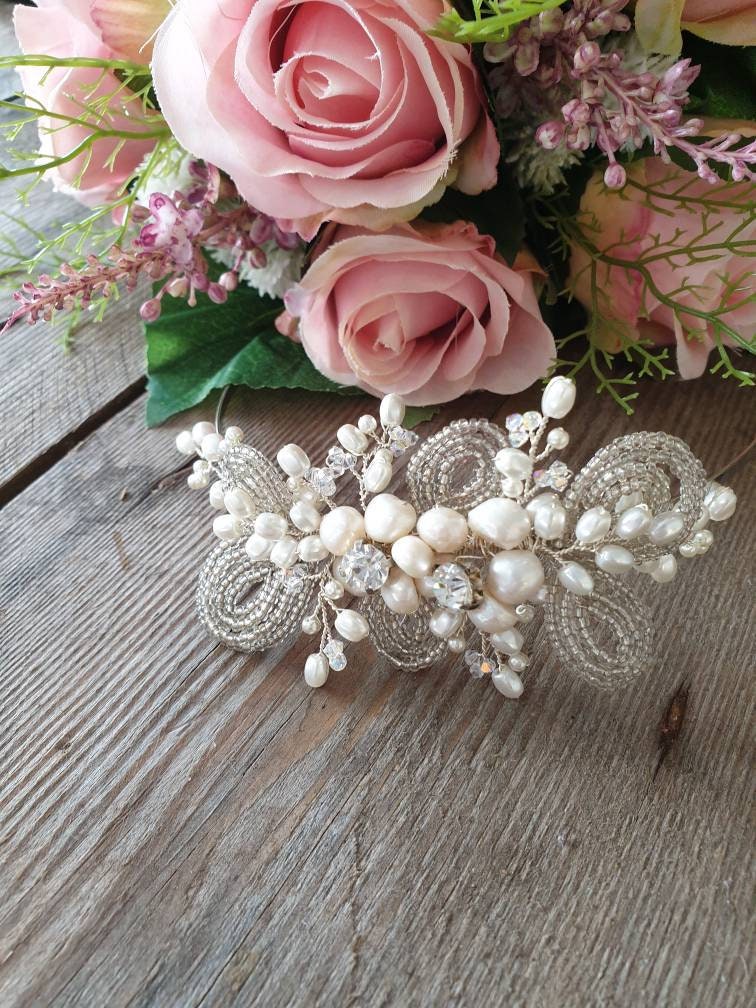 Whimsical Side Tiara, Bridal Floral Tiara, Pearl Bridal Tiara, Wedding ...