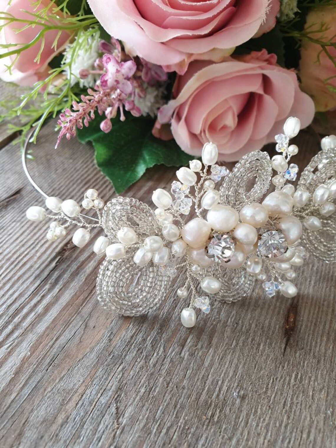 Whimsical Side Tiara, Bridal Floral Tiara, Pearl Bridal Tiara, Wedding ...