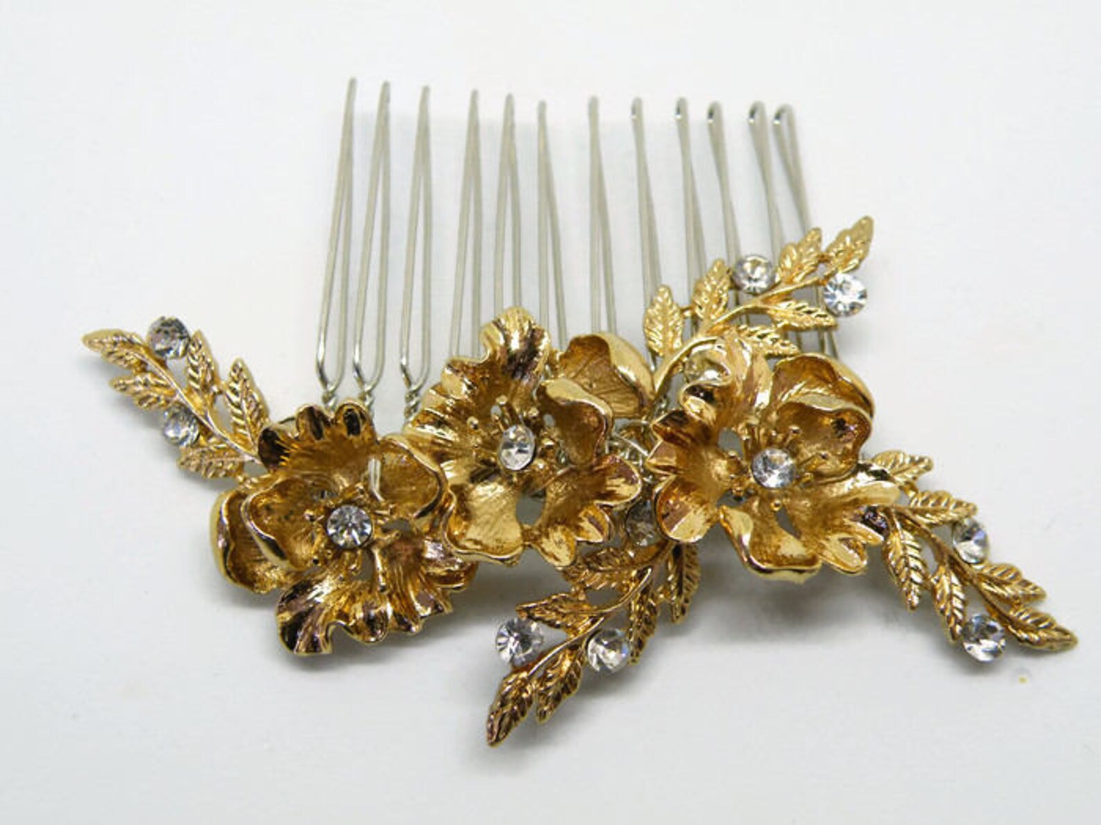 Gold Floral Comb Gold Diamante Leaf Comb Vintage Comb - Etsy