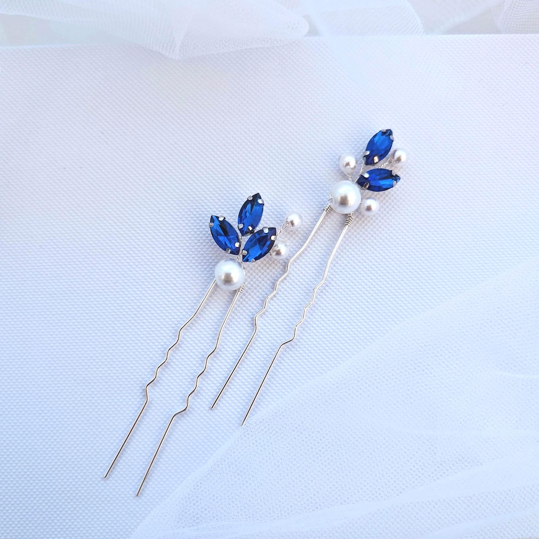 Something Blue Pearl Hair Pins: Bridal Rhinestone Headpiece, Set of 2 ...