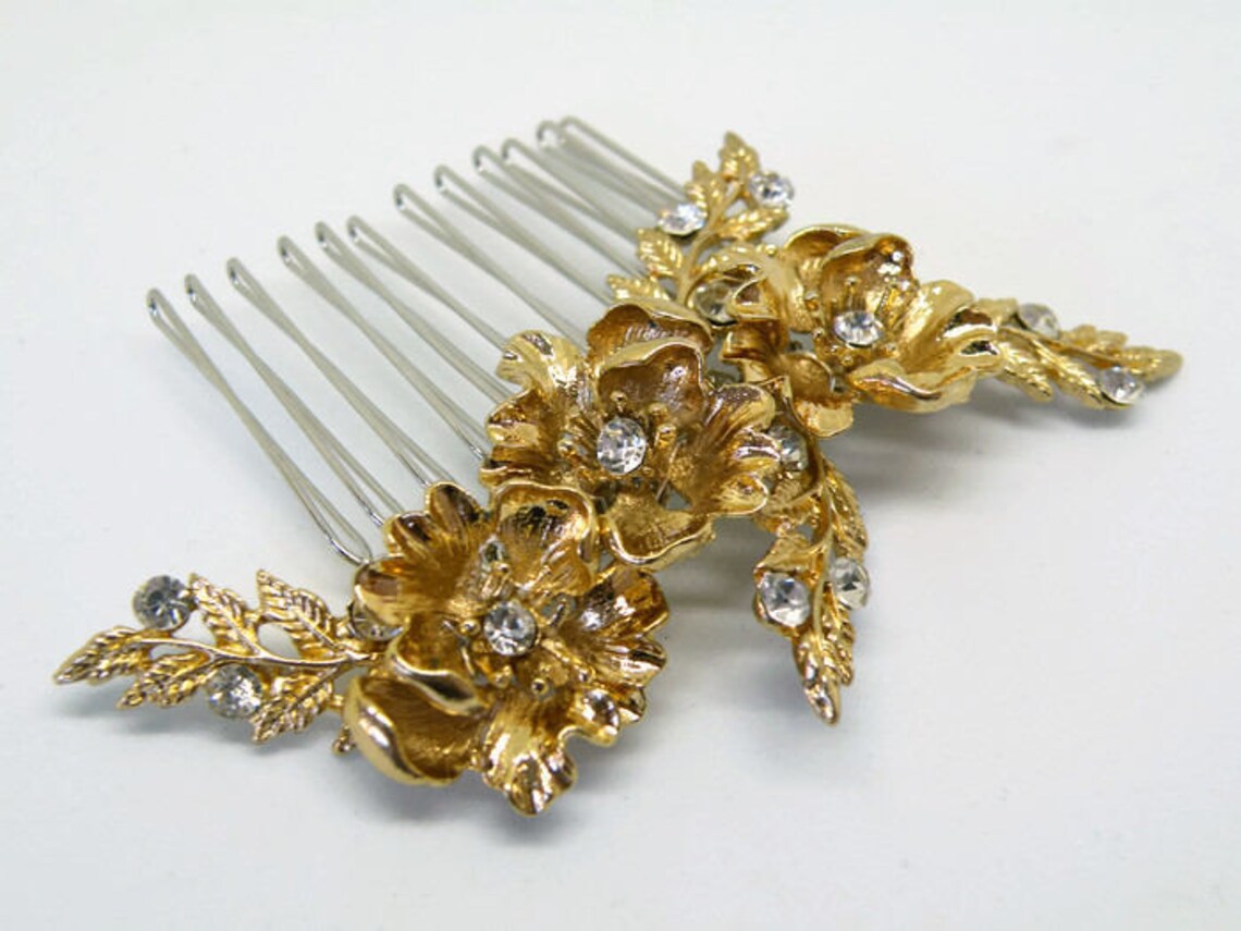 Gold Floral Comb Gold Diamante Leaf Comb Vintage Comb - Etsy