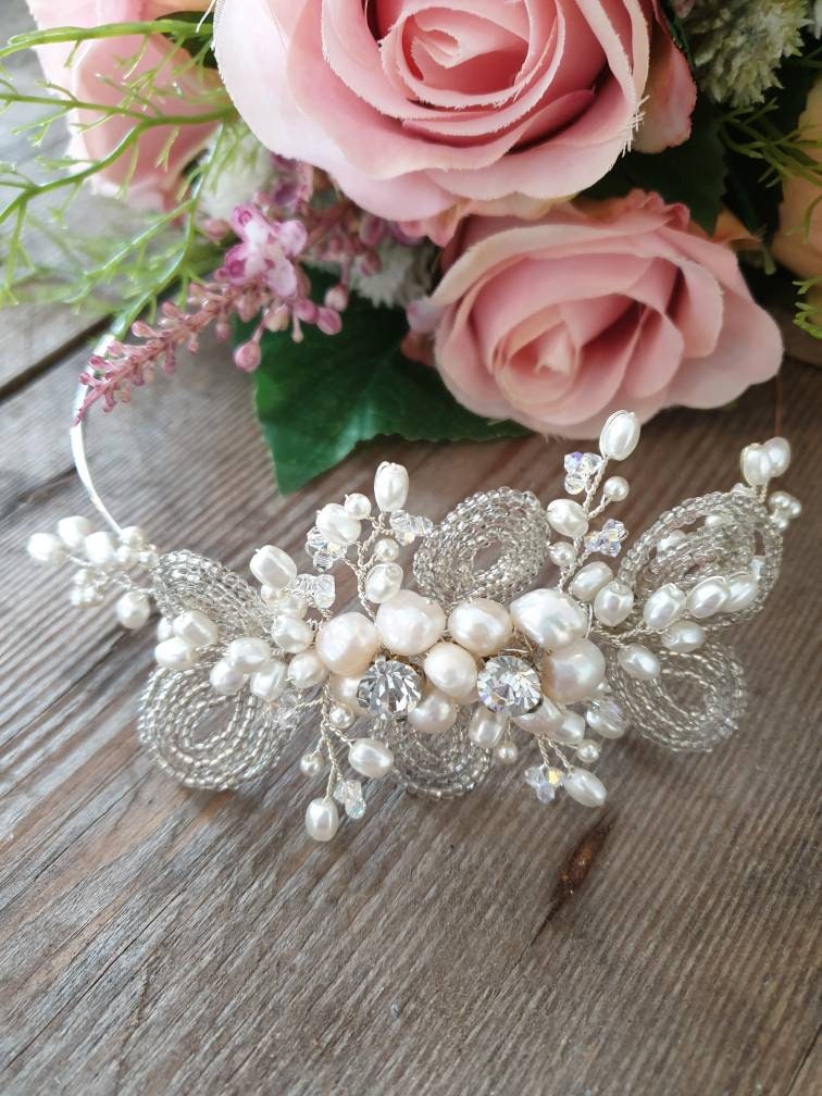 Whimsical Side Tiara, Bridal Floral Tiara, Pearl Bridal Tiara, Wedding ...