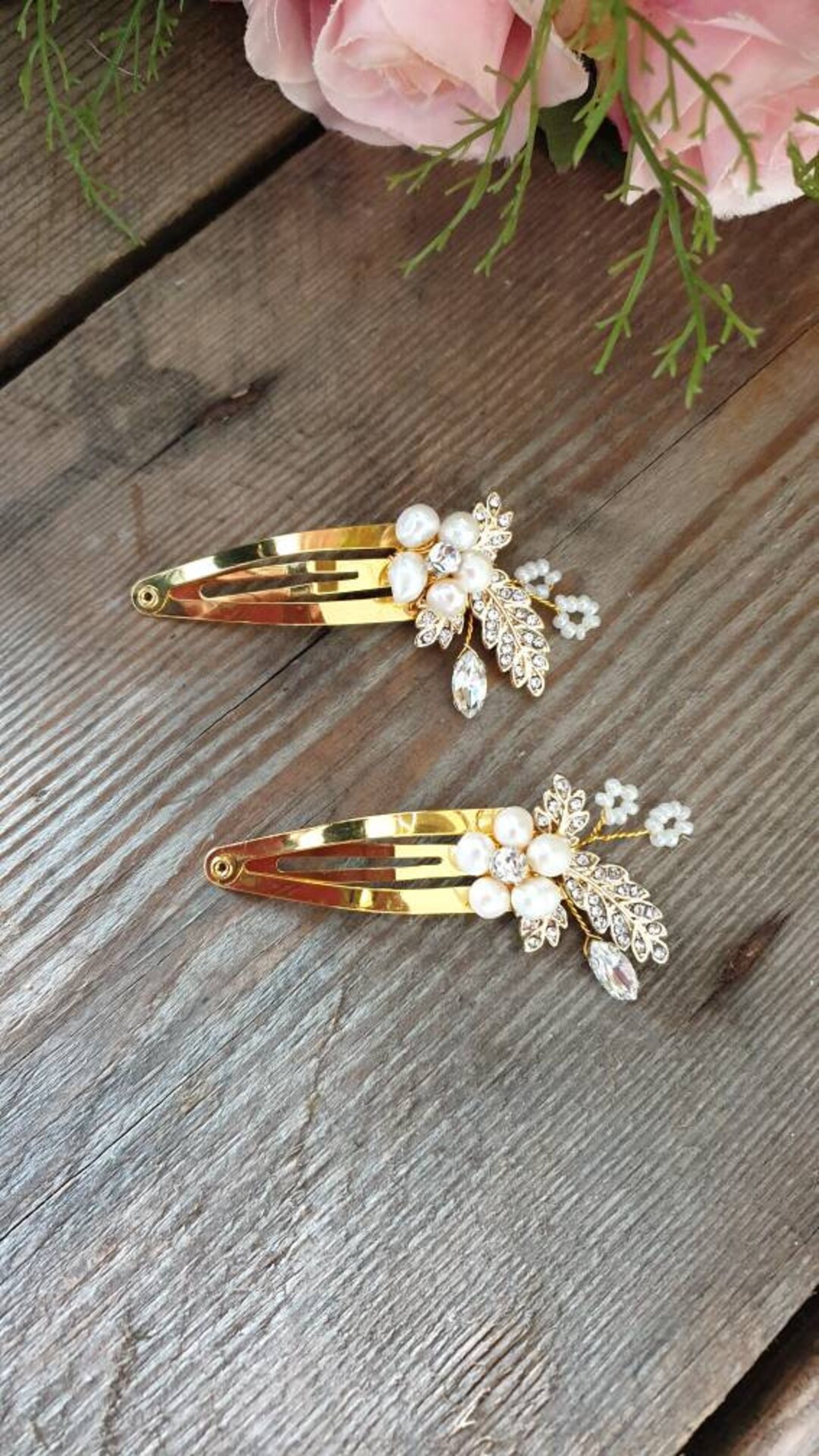 Flower Girl Gold Hair Slides With Pearl Flowers and Crystal Detail, Set ...