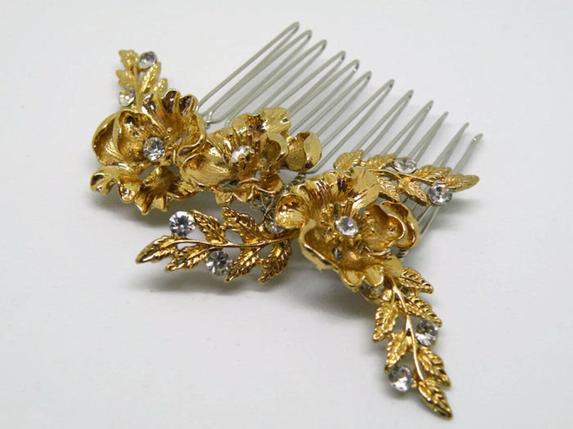 Gold Floral Comb Gold Diamante Leaf Comb Vintage Comb - Etsy