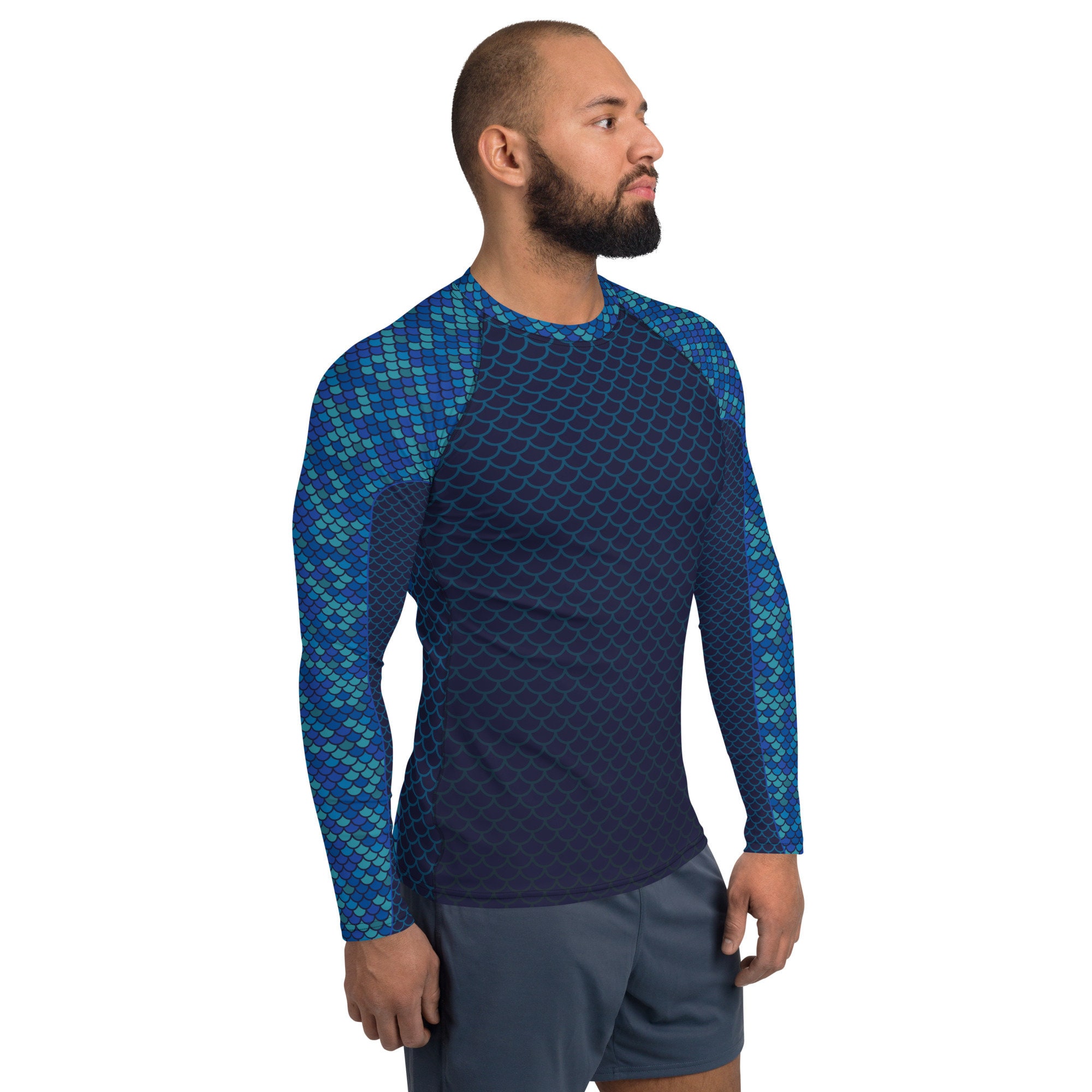 Blue Merman Long Sleeve Rash Guard for Men Mermaid Fish Scales Pattern ...