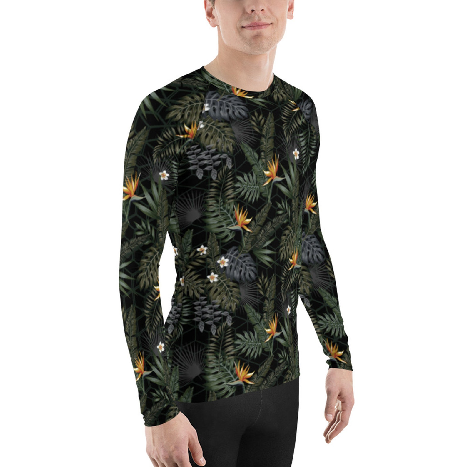 Mens Rash Guard Long Sleeve - Bird of Paradise Tropical Floral Pattern ...