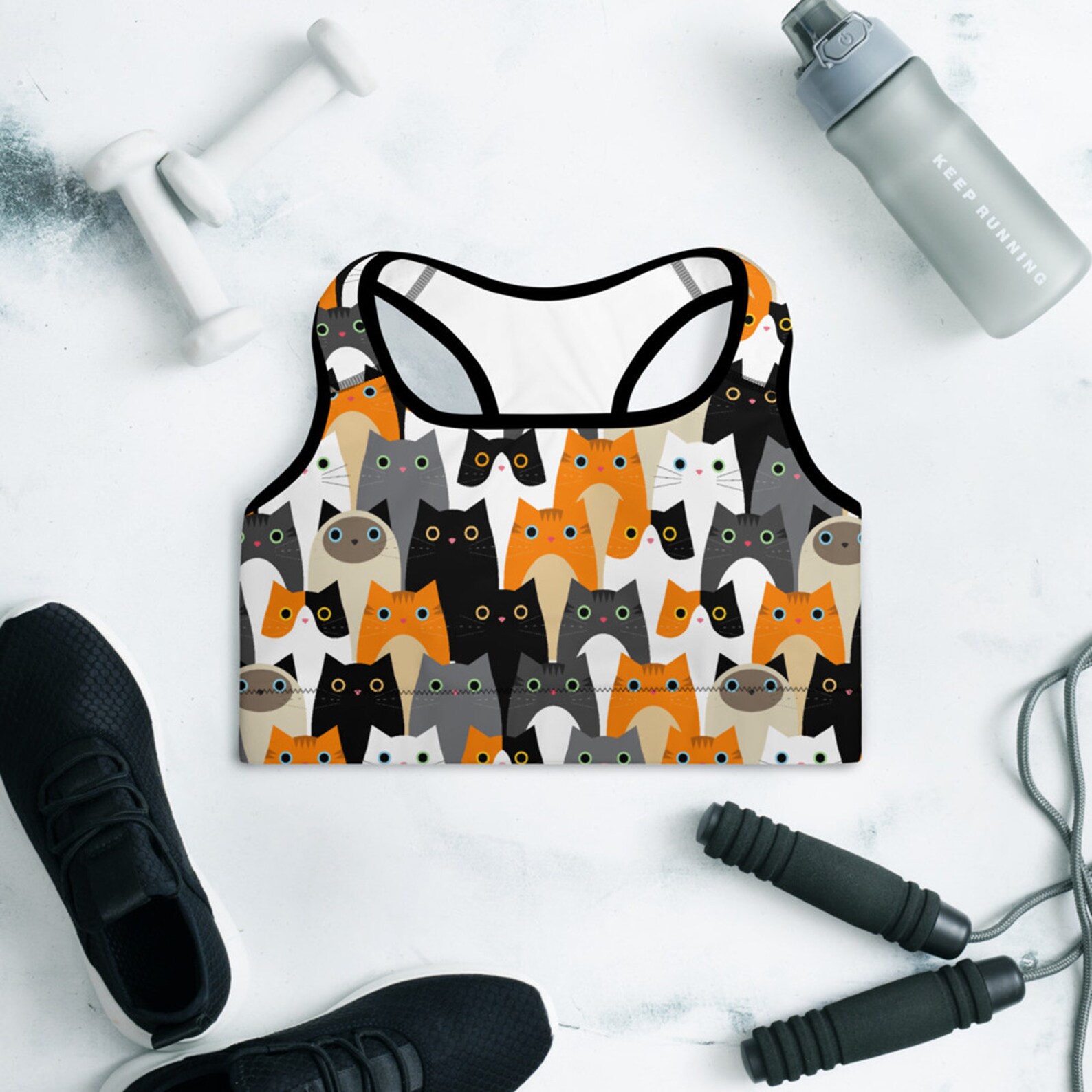 Cat Padded Sports Bra for Women - Cats Pattern All Over Print, Perfect ...