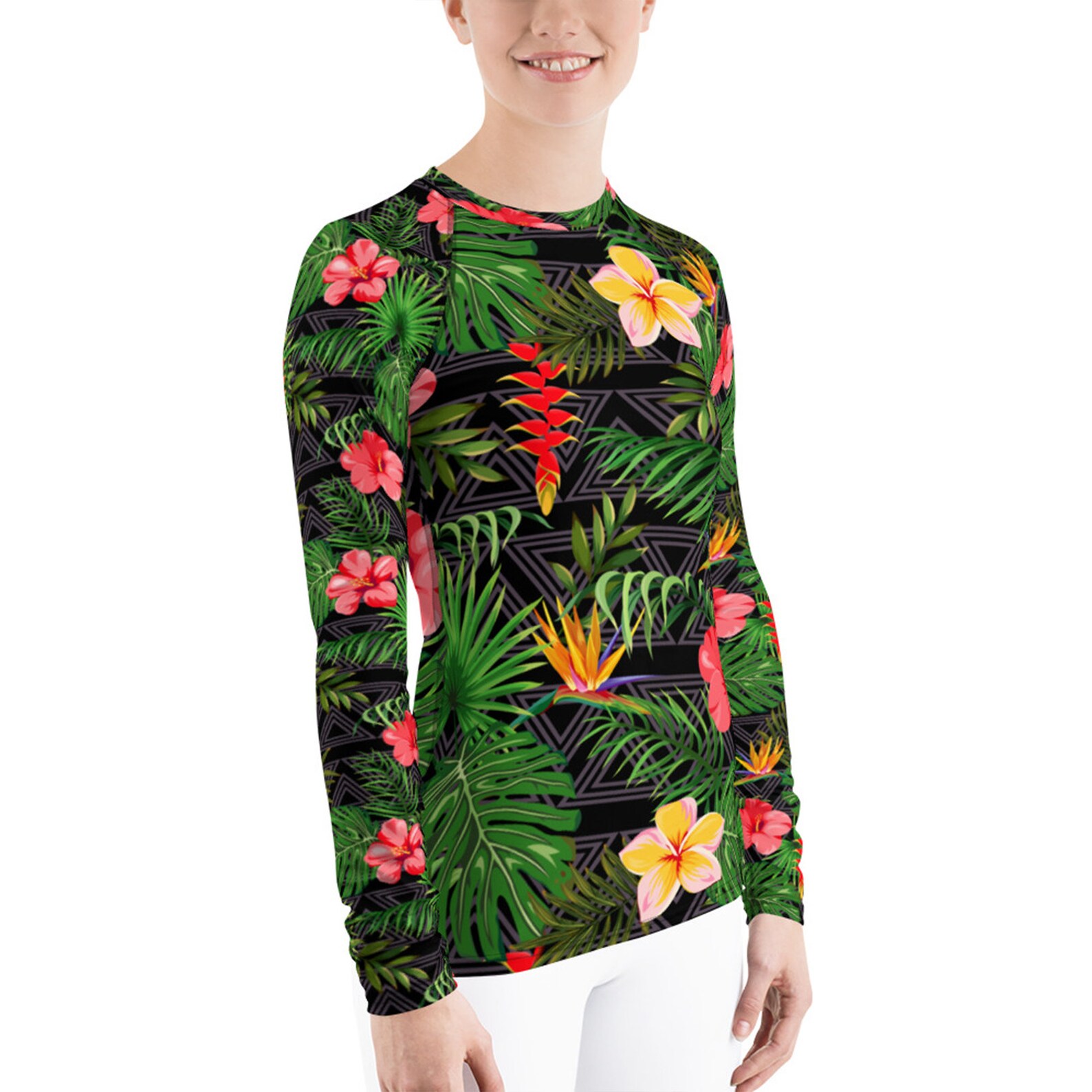 Women's Long Sleeve Rash Guard - Bird of Paradise, Plumeria, Hibiscus ...