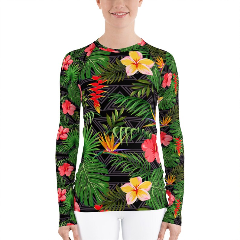 Women's Long Sleeve Rash Guard - Bird of Paradise, Plumeria, Hibiscus ...