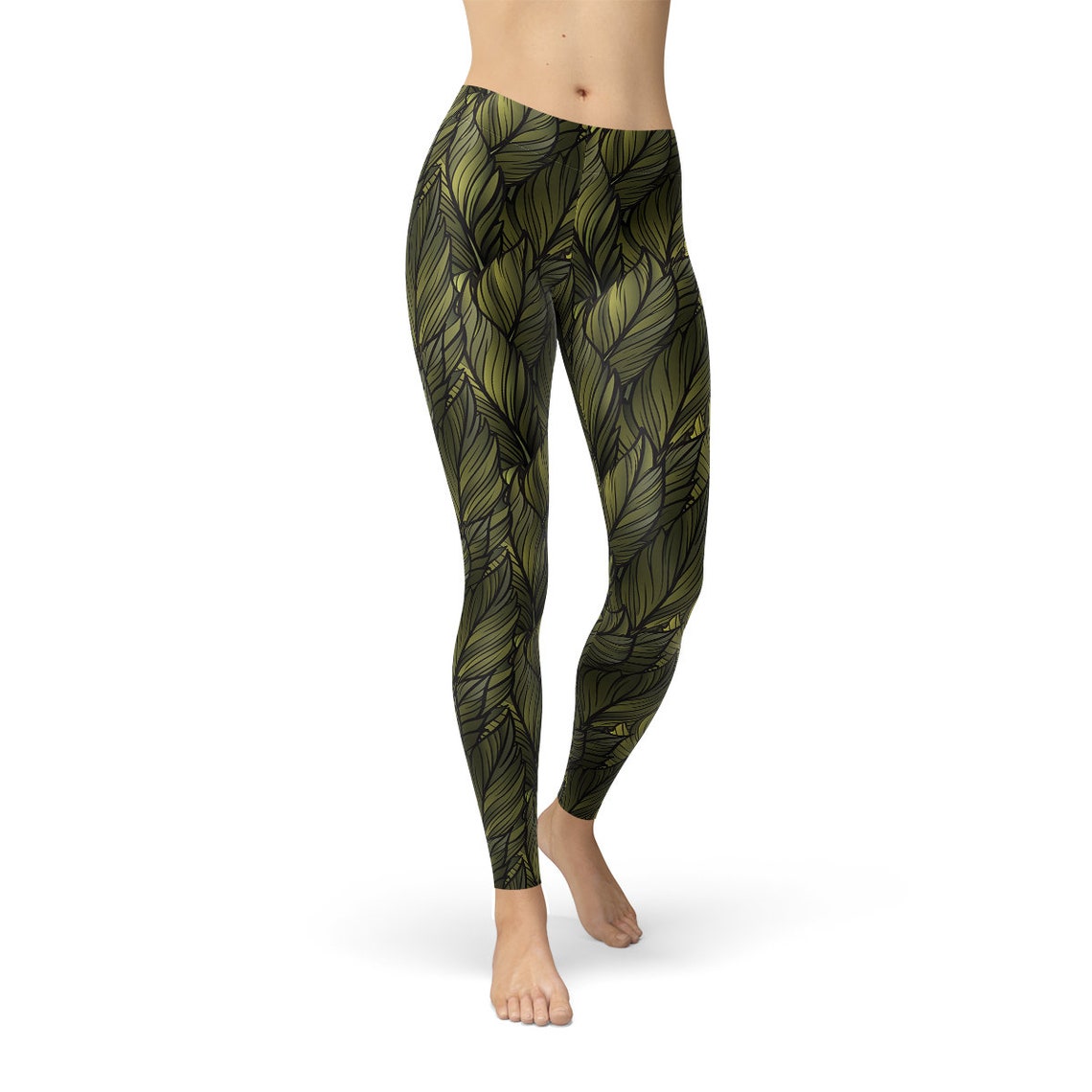 Dark Green Leaf Leggings Winter Foliage Winter Yoga Pants - Etsy